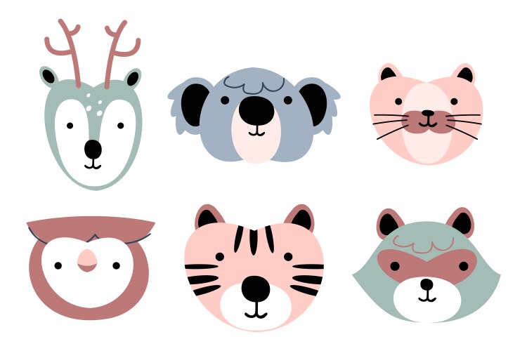Cute animal heads collection flat style Royalty Free Vector