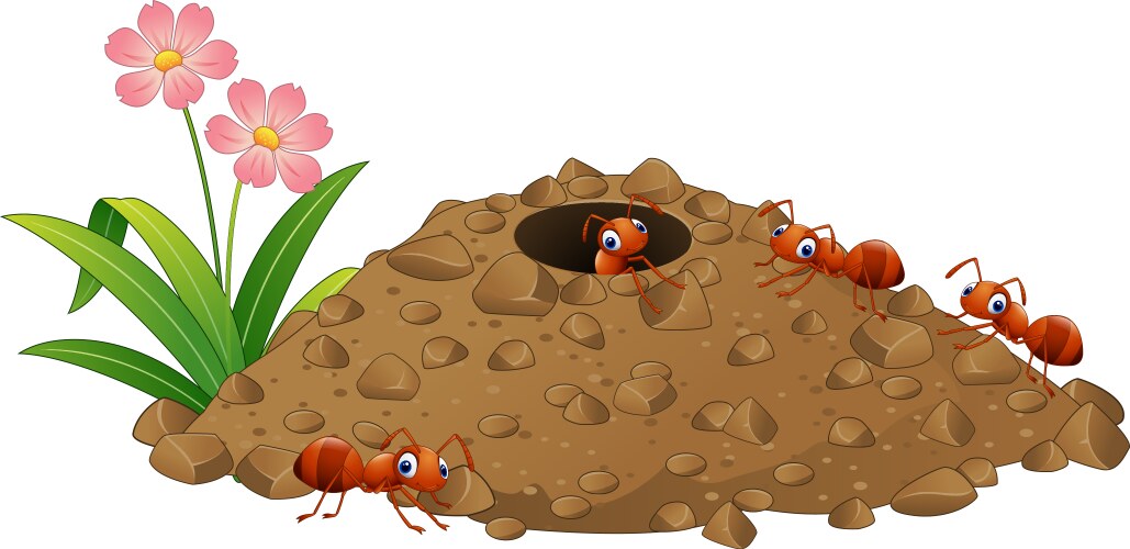 Cartoon ants colony and ant hill Royalty Free Vector Image