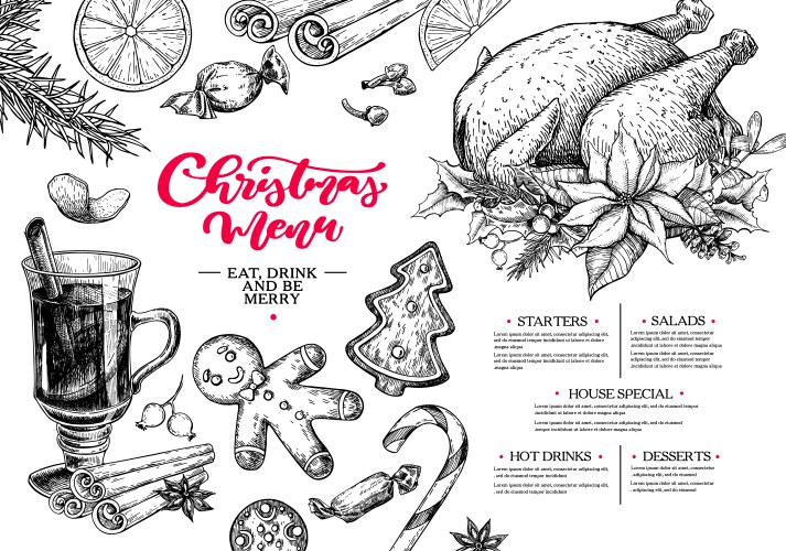 Christmas menu winter restaurant and cafe sketch Vector Image