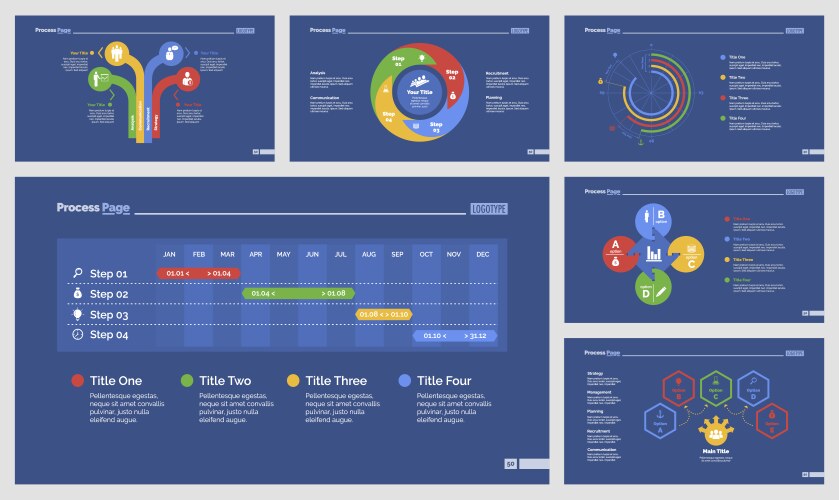 Six production charts slide templates set Vector Image