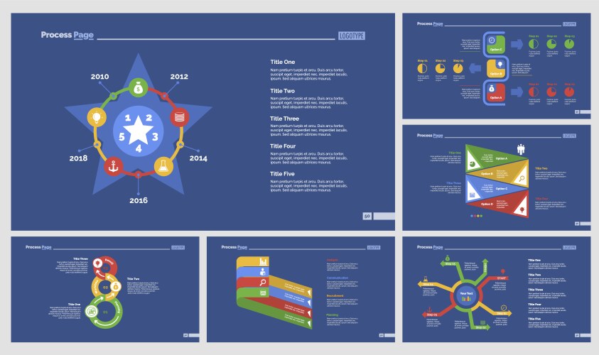 Six production charts slide templates set Vector Image