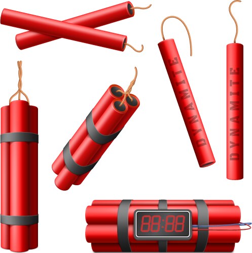 Set of dynamite and explosives with burning wick Vector Image