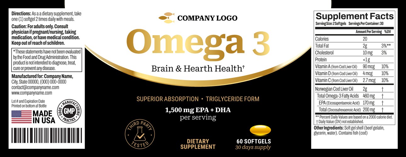 Omega 3 softgels bottle label packaging Royalty Free Vector