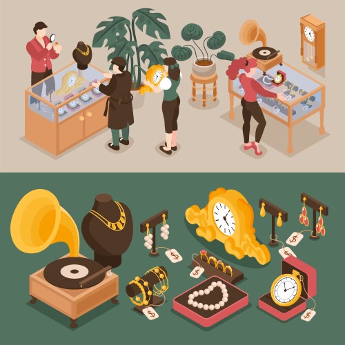 Pawn shop set flat isolated Royalty Free Vector Image