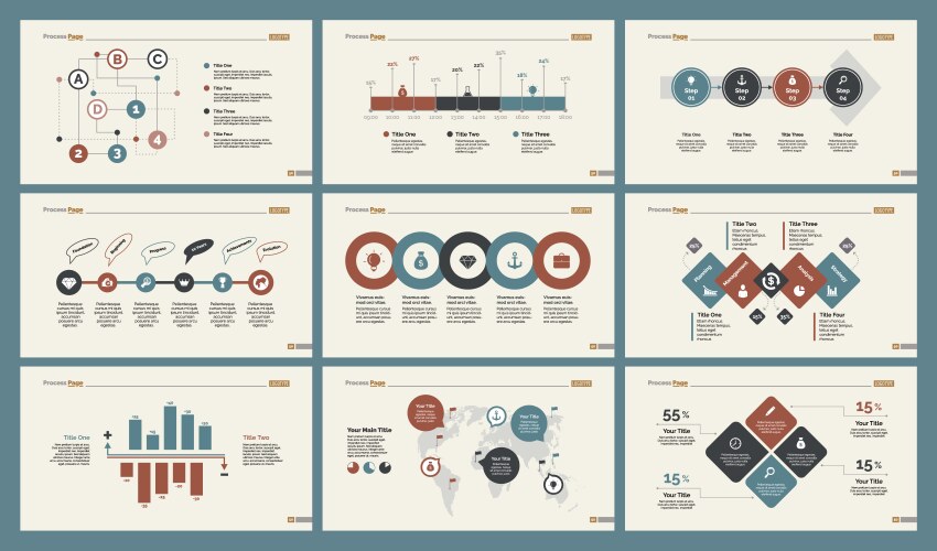 Six production charts slide templates set Vector Image