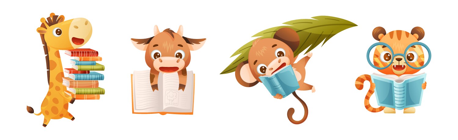 Cute animal character reading book enjoying Vector Image