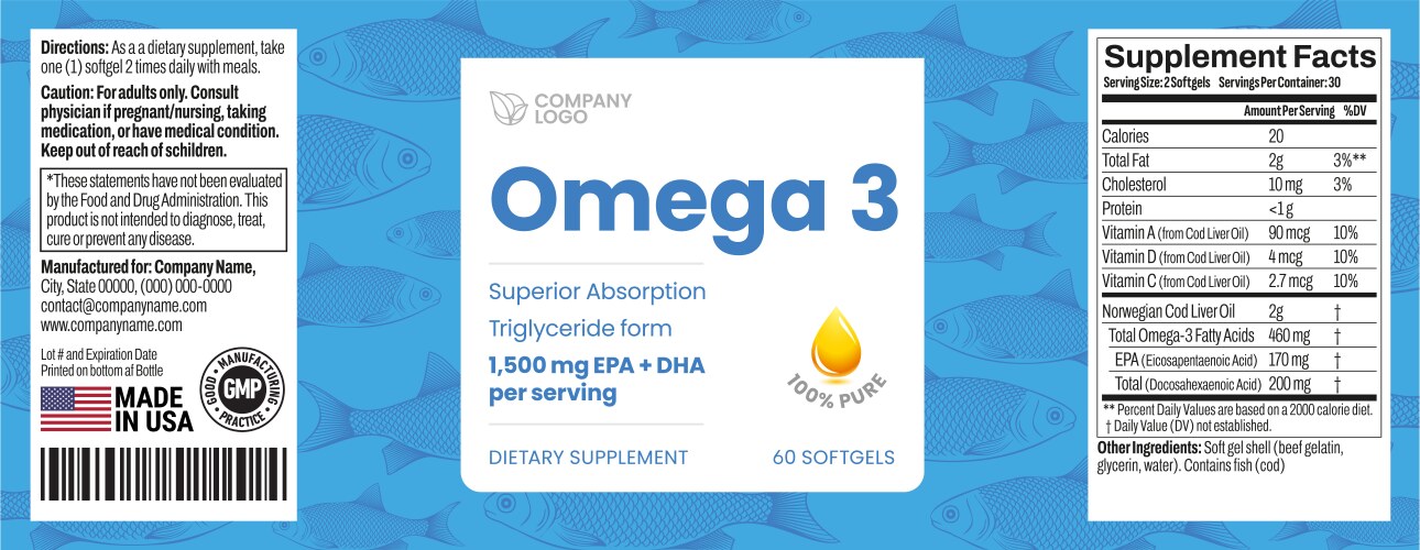 Omega 3 softgels bottle label packaging Royalty Free Vector