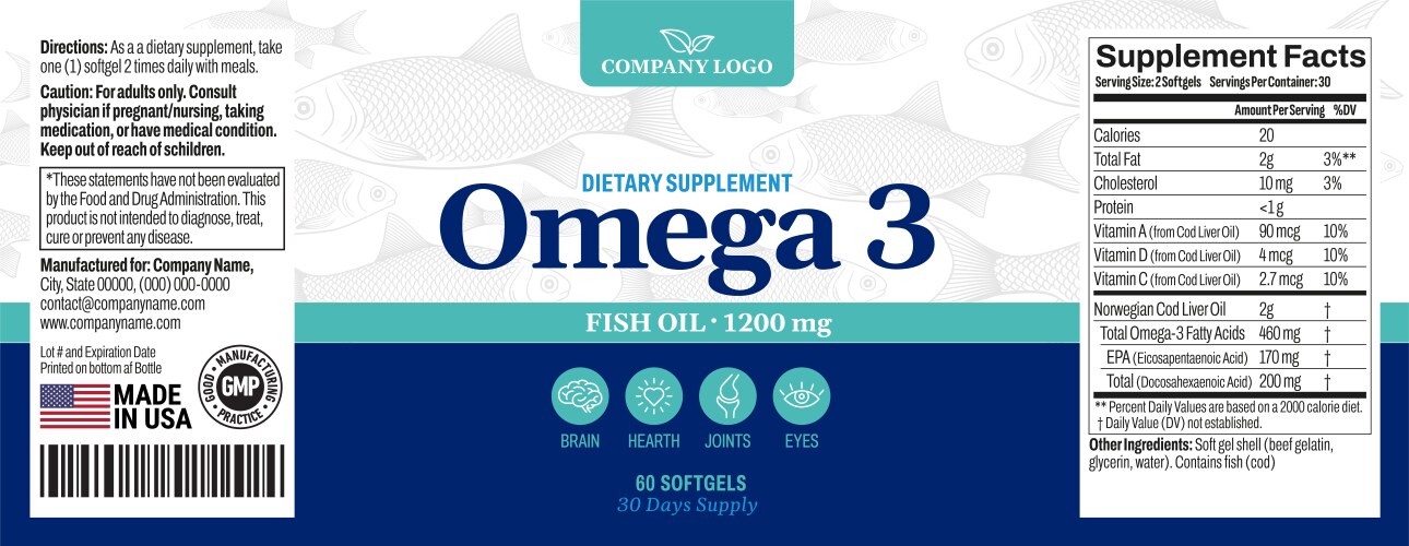 Omega 3 softgels bottle label packaging Royalty Free Vector