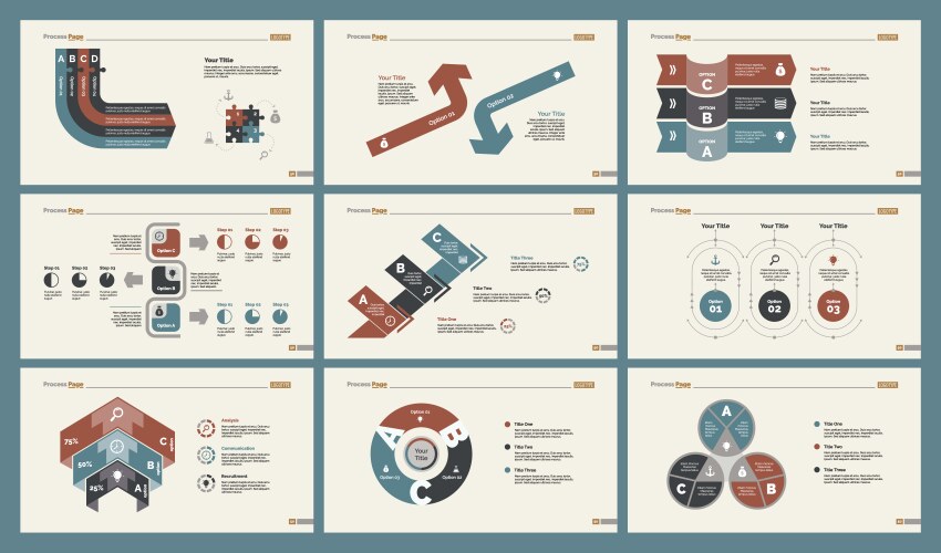 Six production charts slide templates set Vector Image
