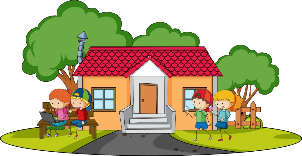 Front view mini house with many kids on white Vector Image