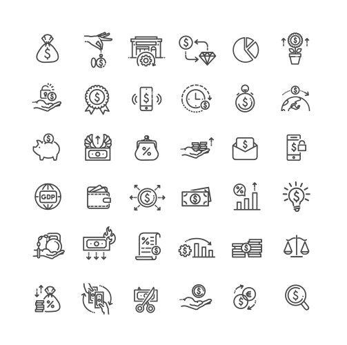 Linear style macro economy icons bundle Royalty Free Vector