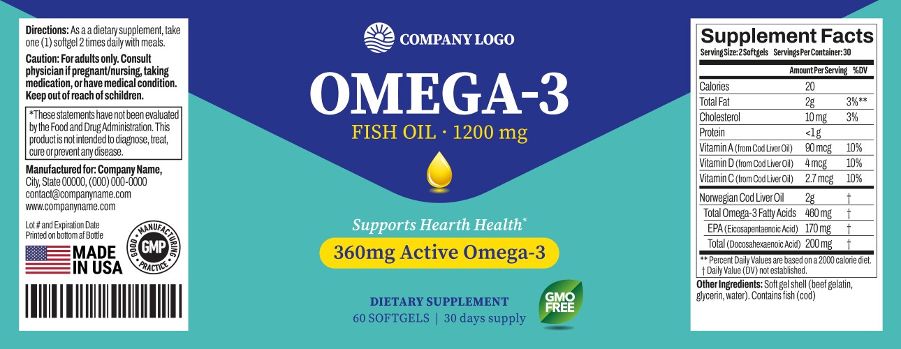 Omega 3 softgels bottle label packaging Royalty Free Vector