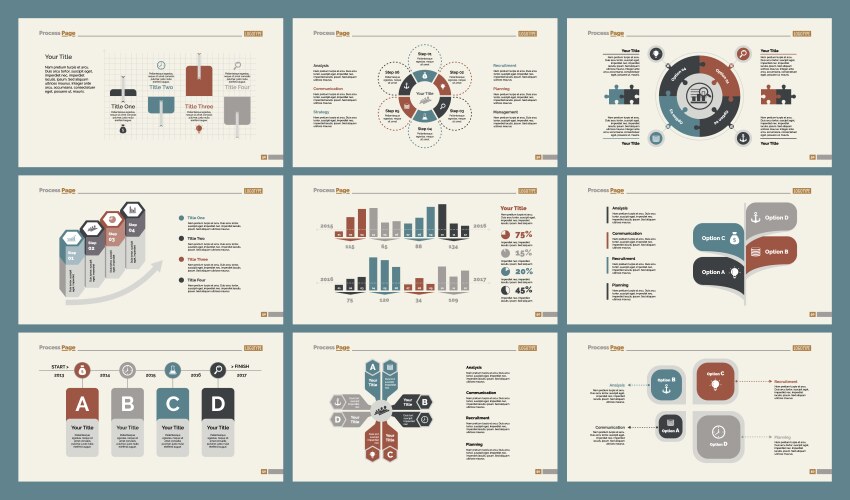 Six research charts slide templates set Royalty Free Vector