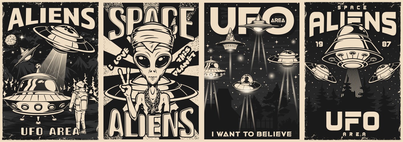 Aliens set vintage monochrome flyers Royalty Free Vector