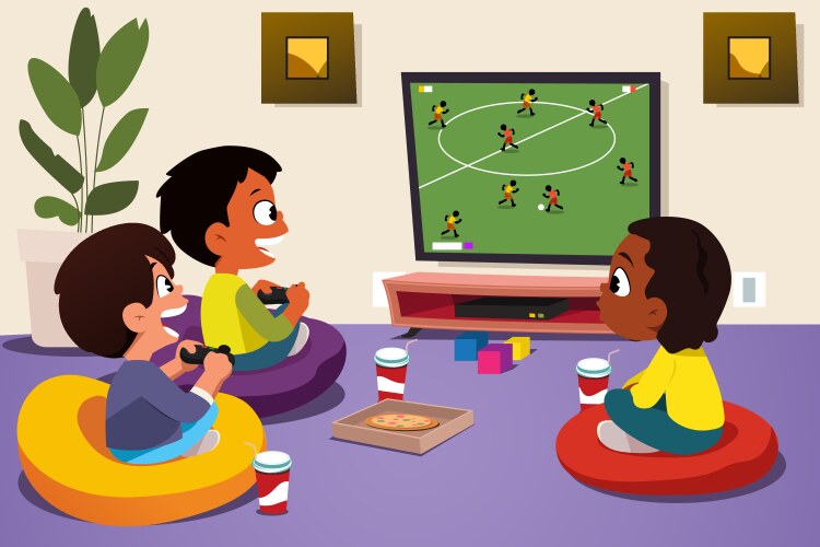 Cartoon kids playing video games together Vector Image