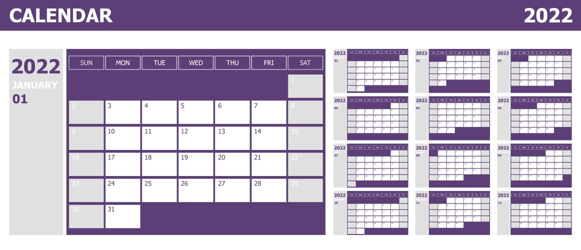 Calendar template for 2022 with week start Vector Image