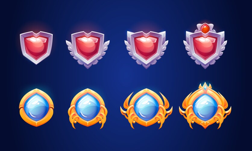 Game ranking badges with shields and swords Vector Image