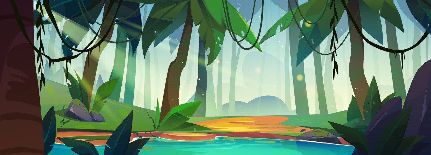 Summer jungle forest landscape with sun light ray Vector Image