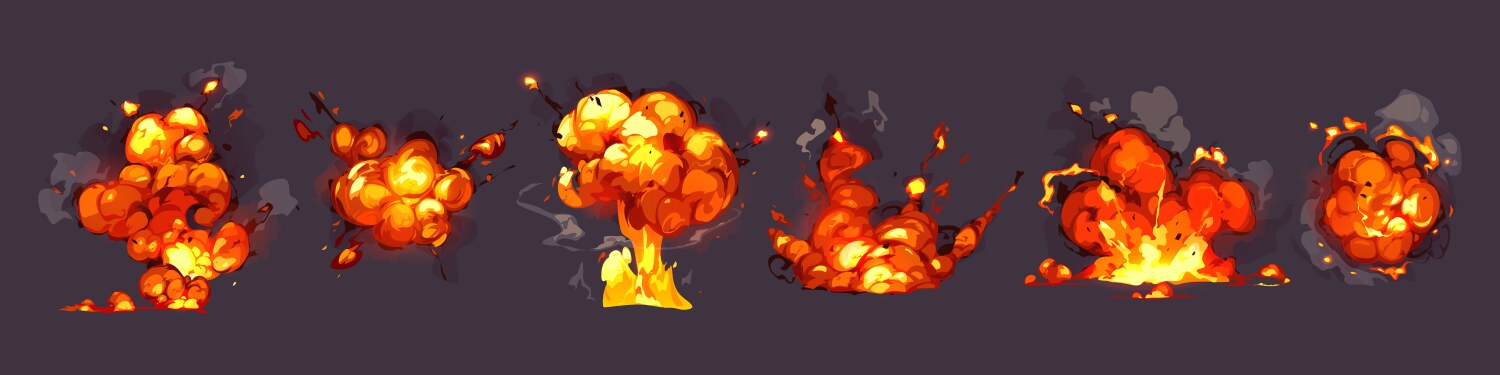 Bomb explosion and fire cartoon set Royalty Free Vector