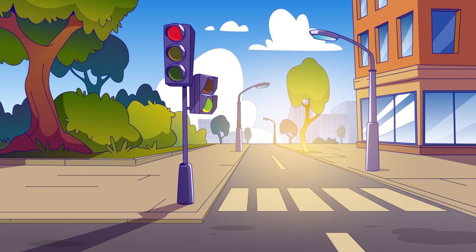 Modern urban cartoon city street with young people