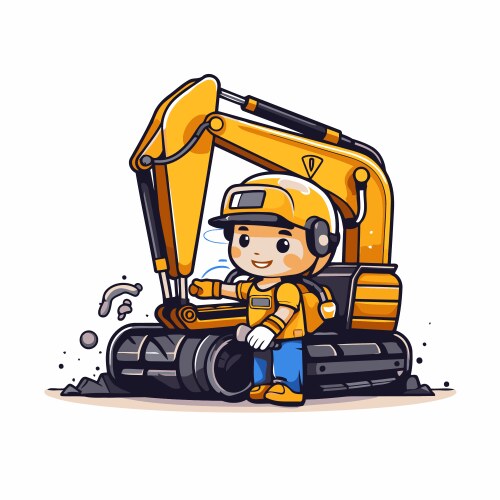Cartoon construction worker with excavator Vector Image