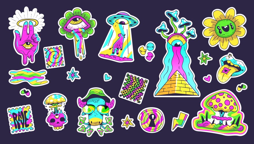 Psychedelic trendy stickers weird surreal sticker Vector Image