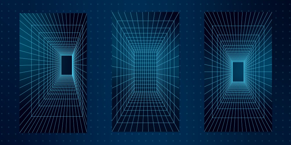 Neon 3d geometric wireframe grid shapes Royalty Free Vector