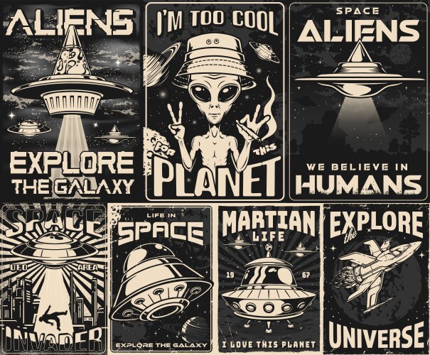 Aliens space set monochrome flyers Royalty Free Vector Image