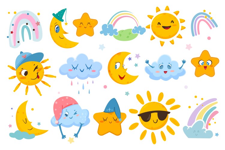Collection of weather characters cute Royalty Free Vector