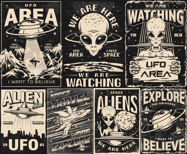 Aliens set monochrome flyers vintage Royalty Free Vector