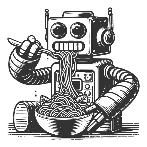 Robot eating spaghetti engraving sketch Royalty Free Vector