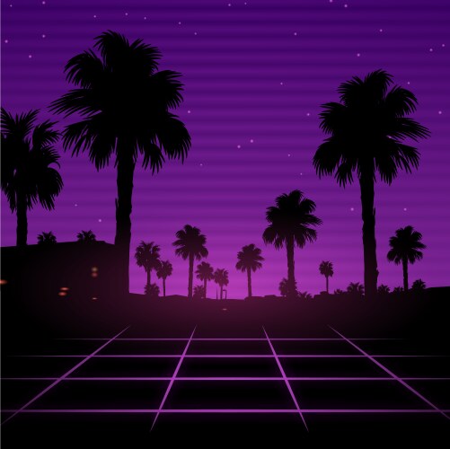 Purple sunset on palm icons backdrop Royalty Free Vector