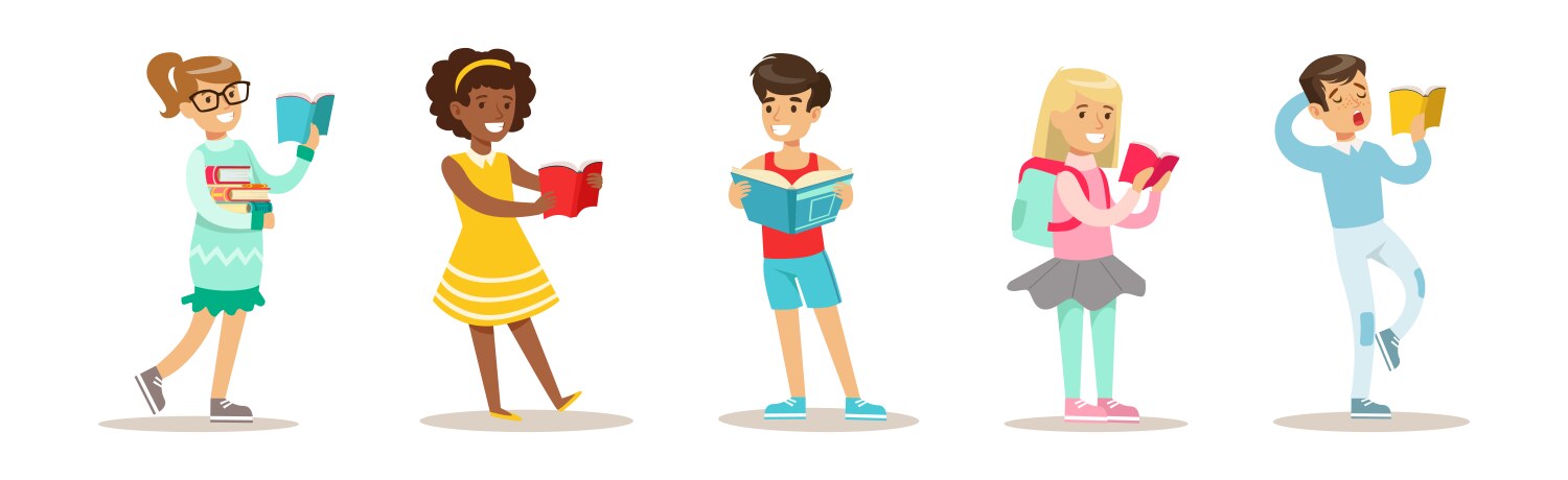 Kid character reading book enjoying literature Vector Image