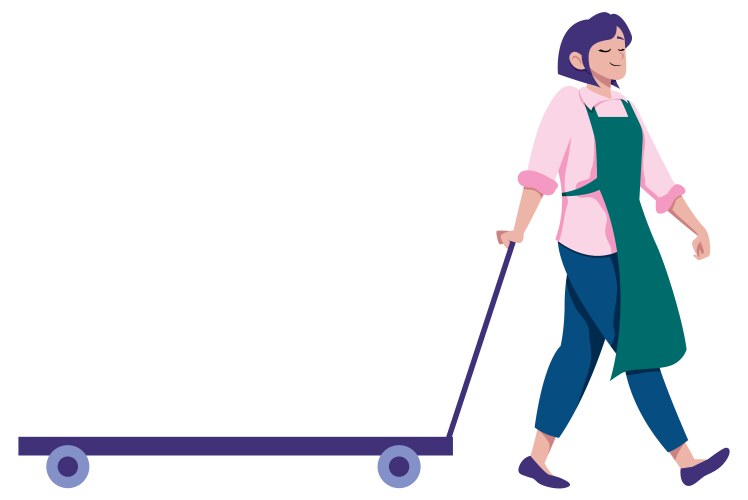 Flat happy girl pulling empty cart Royalty Free Vector Image