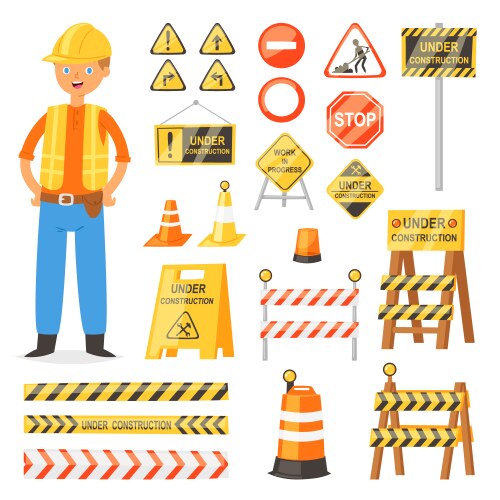Road worker man character holds stop sign Vector Image