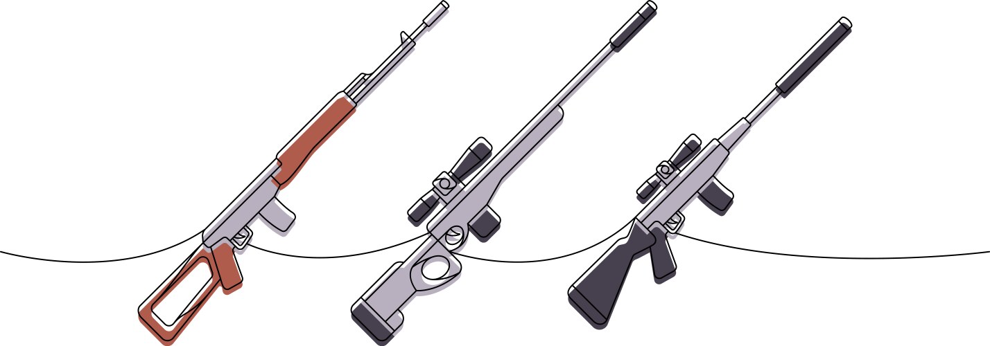 Various modern weapons one line colored continuous
