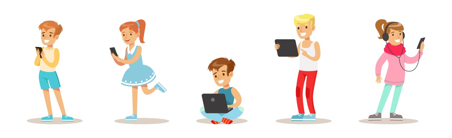 Kid character use mobile gadget and device Vector Image
