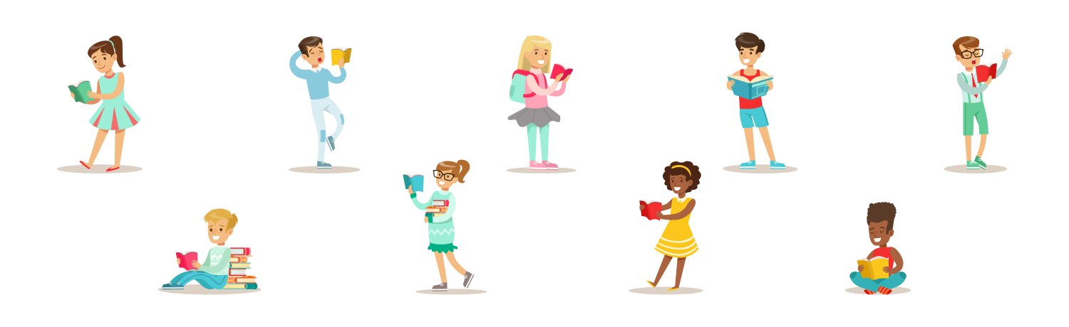 Kid character reading book enjoying literature Vector Image