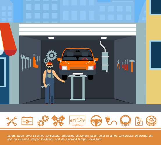 Car repair mechanic shop with automobile inside Vector Image