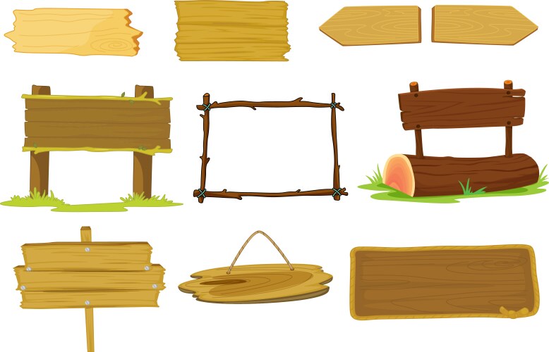 Cartoon wood boards signs and brown wooden banners