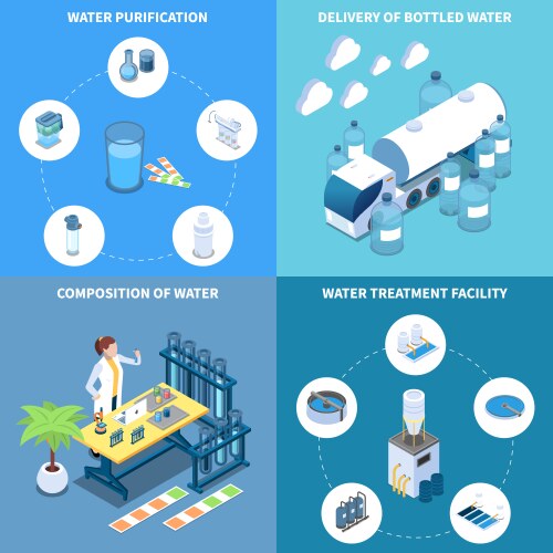 Wastewater purification isometric icons set Vector Image