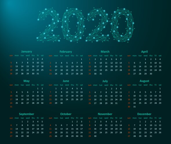 Calendar 2020 year week starts from sunday Vector Image