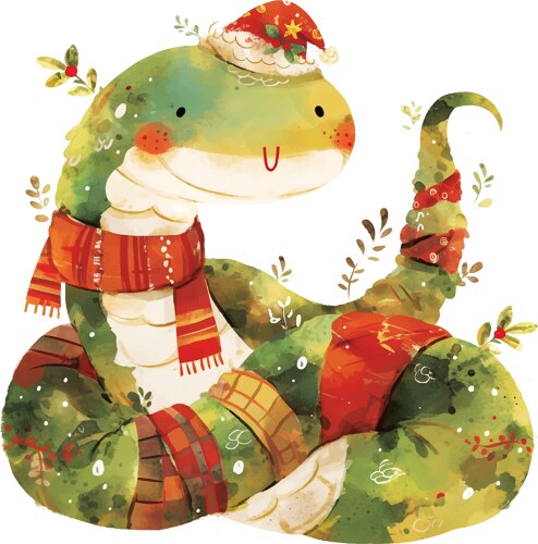 2025 watercolor green snake wearing a santa hat Vector Image