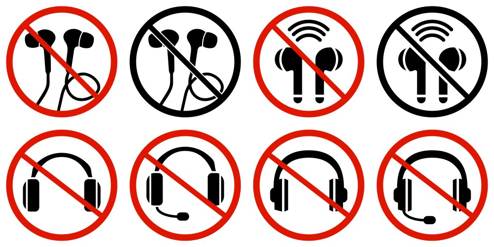 No earphones allowed prohibition sign Royalty Free Vector