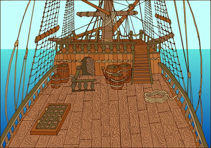 Wooden pirate ship captain bridge with steering Vector Image
