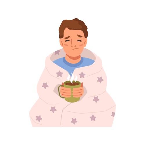 Cartoon boy having cold and fever Royalty Free Vector Image