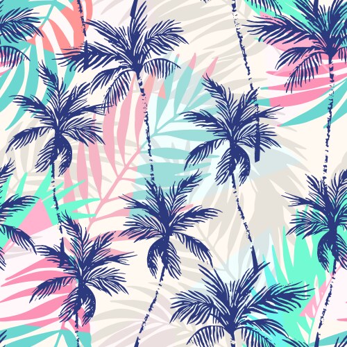 Abstract neon coconut trees on gray palm leaves Vector Image