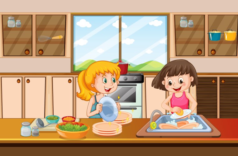 Kids helping cleaning cartoon poster Royalty Free Vector