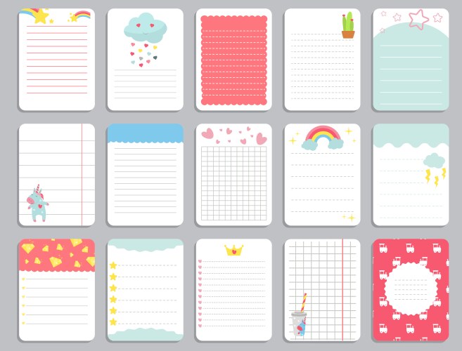 Cards notes kids notebook page template Royalty Free Vector