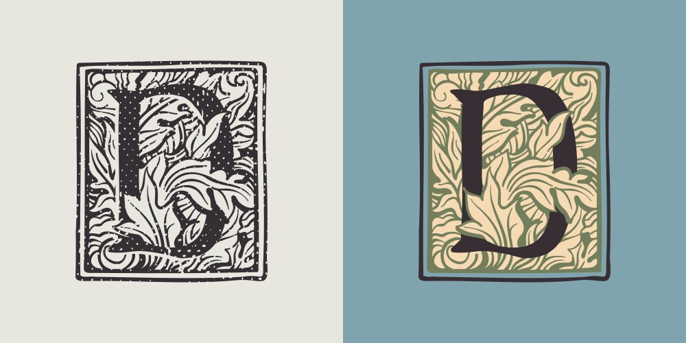 L letter drop cap logo in engraved medieval style Vector Image